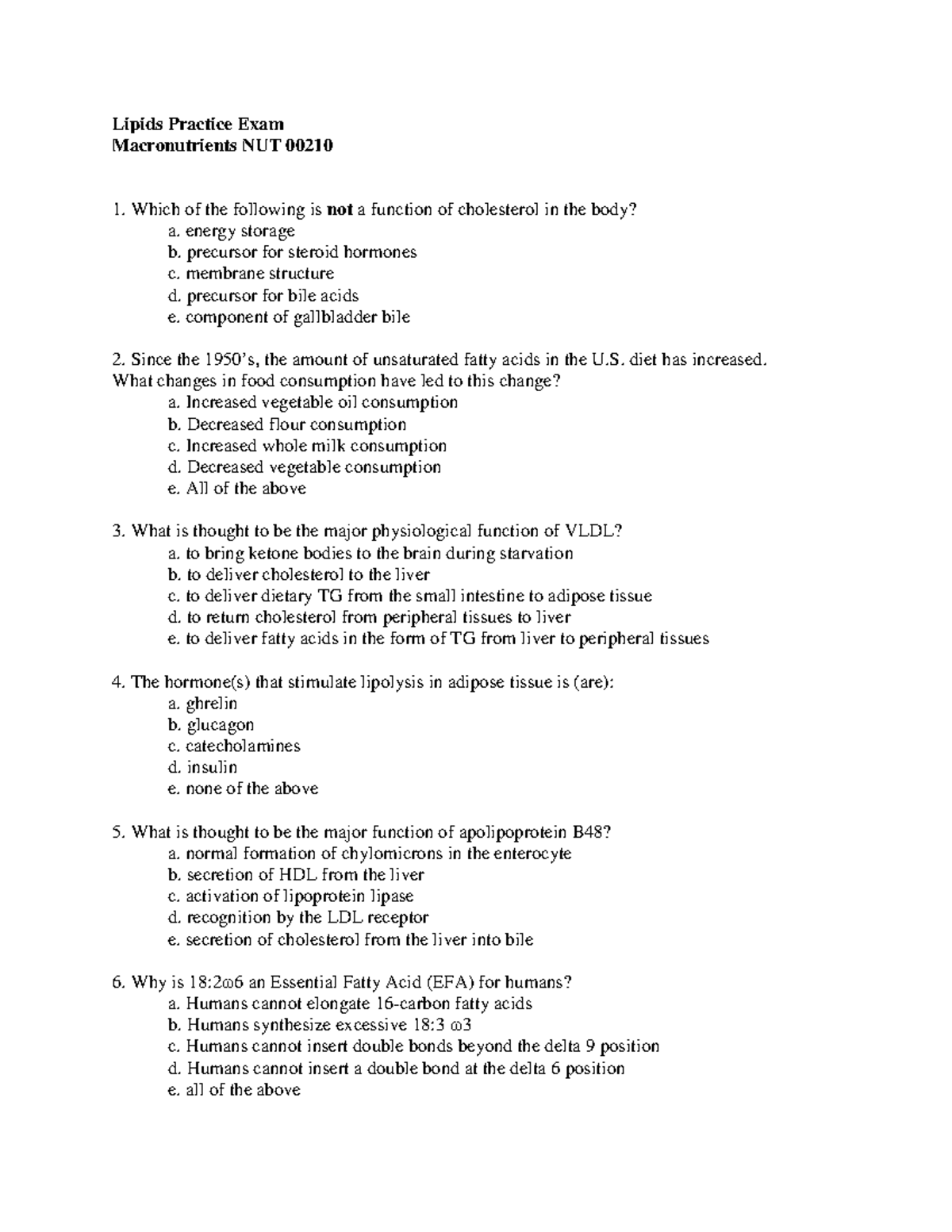 Lipids Practice Exam Review - NUT 00210 - Studocu