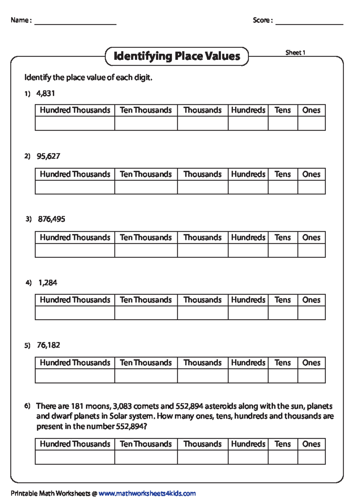 Identify-1 - Student work - Name : Score : Identifying Place Values ...