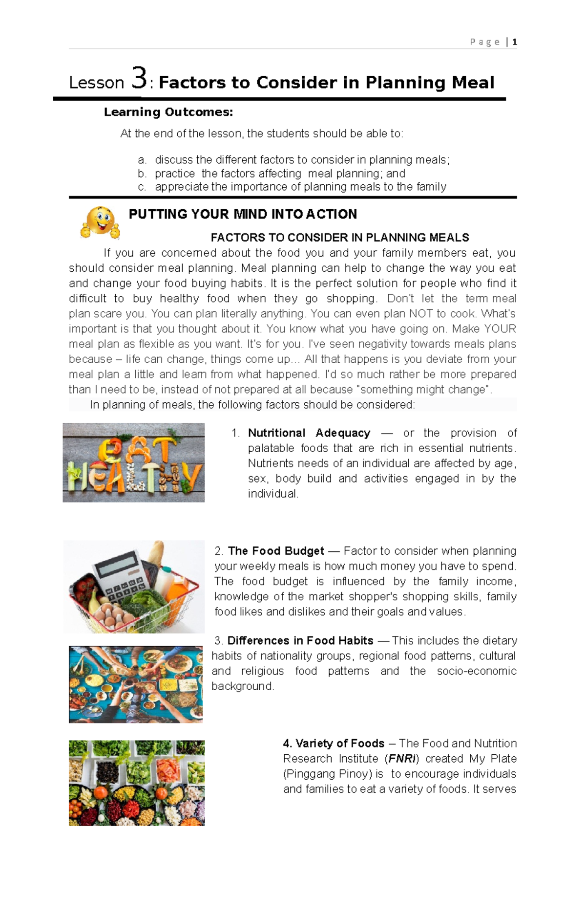 Chapter III Lesson 3 - Key Factors for Effective Meal Planning - Studocu