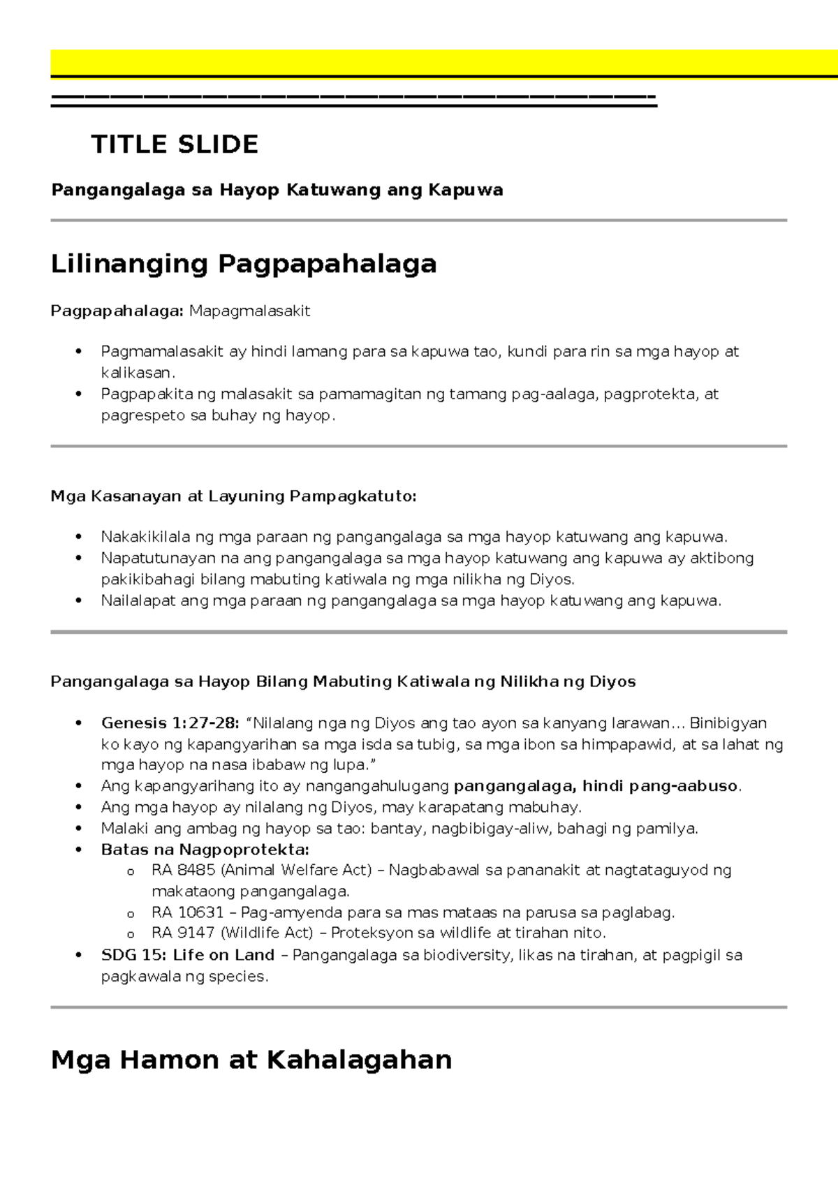 PPT Script: Pangangalaga sa Hayop Katuwang ang Kapuwa (WEEK 6) - Studocu