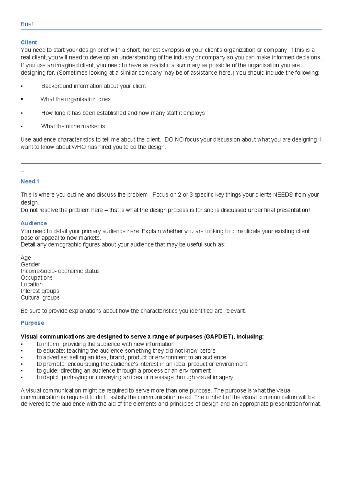 Design Brief Template for Client Overview and Audience Analysis - Studocu