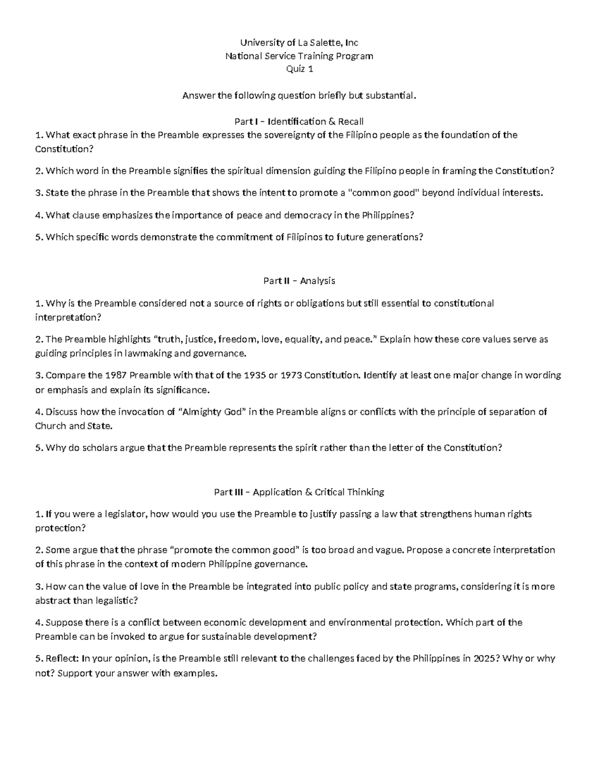NSTP Quiz 1: Preamble Analysis and Application - Citizenship Acty 2 ...