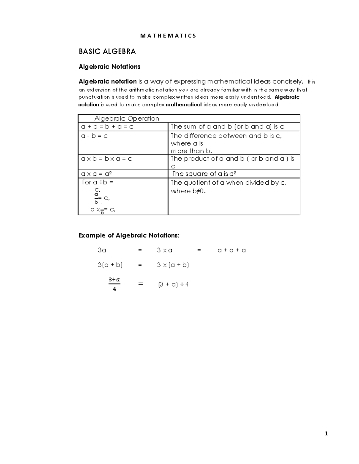 MATHEMATICS BASIC ALGEBRA: Understanding Algebraic Notations and Operations - Studocu