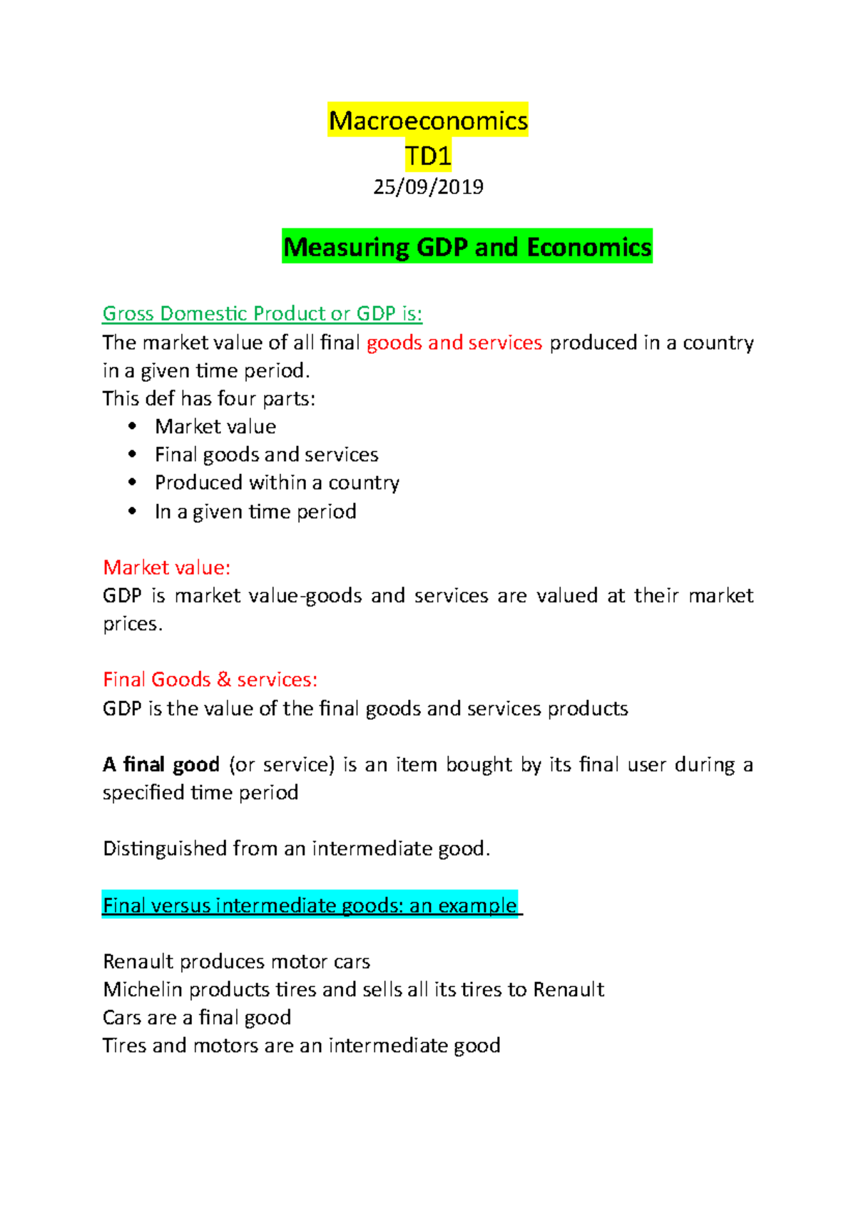 Macroeconomics TD1: Understanding GDP and Economic Measurement - Studocu