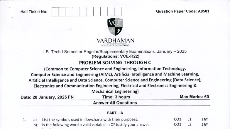 SEE Question Paper A8501: Problem Solving Through C - Jan 2025 - Studocu