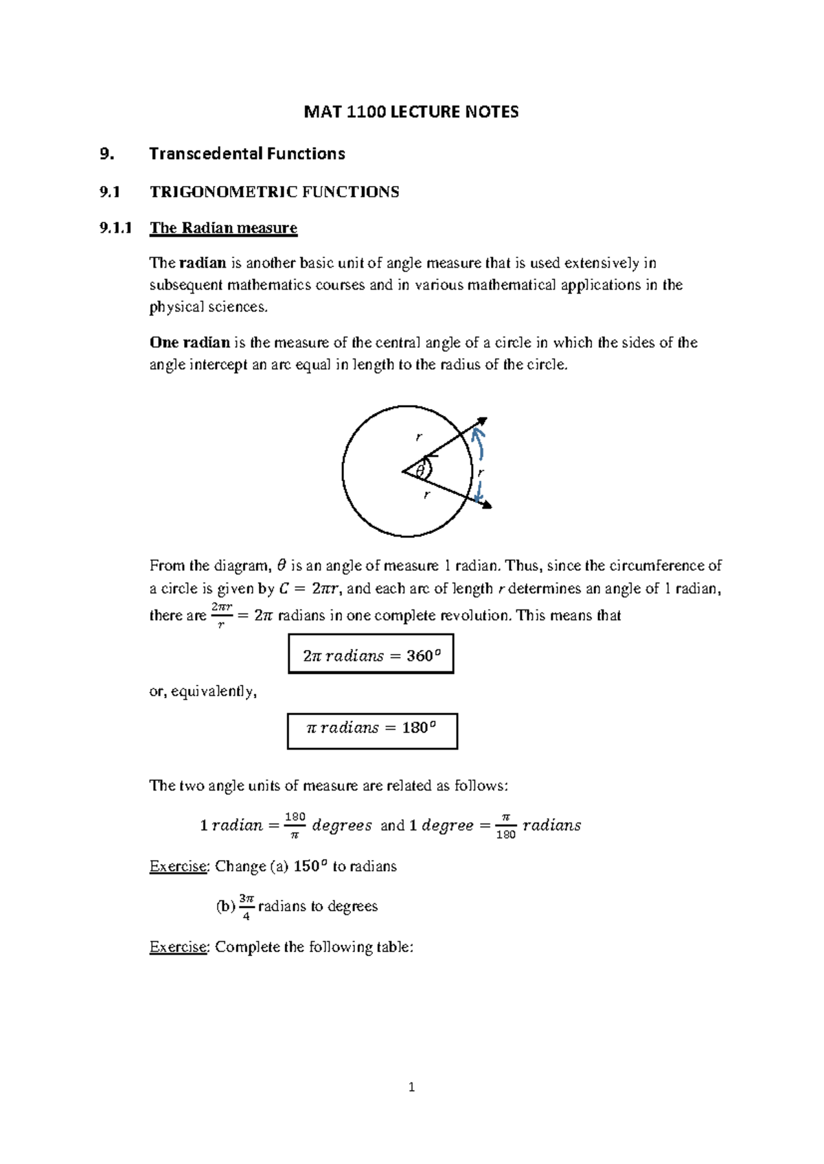 MAT 1100 LECTURE NOTES 9: Trigonometric Functions & Radian Measure ...