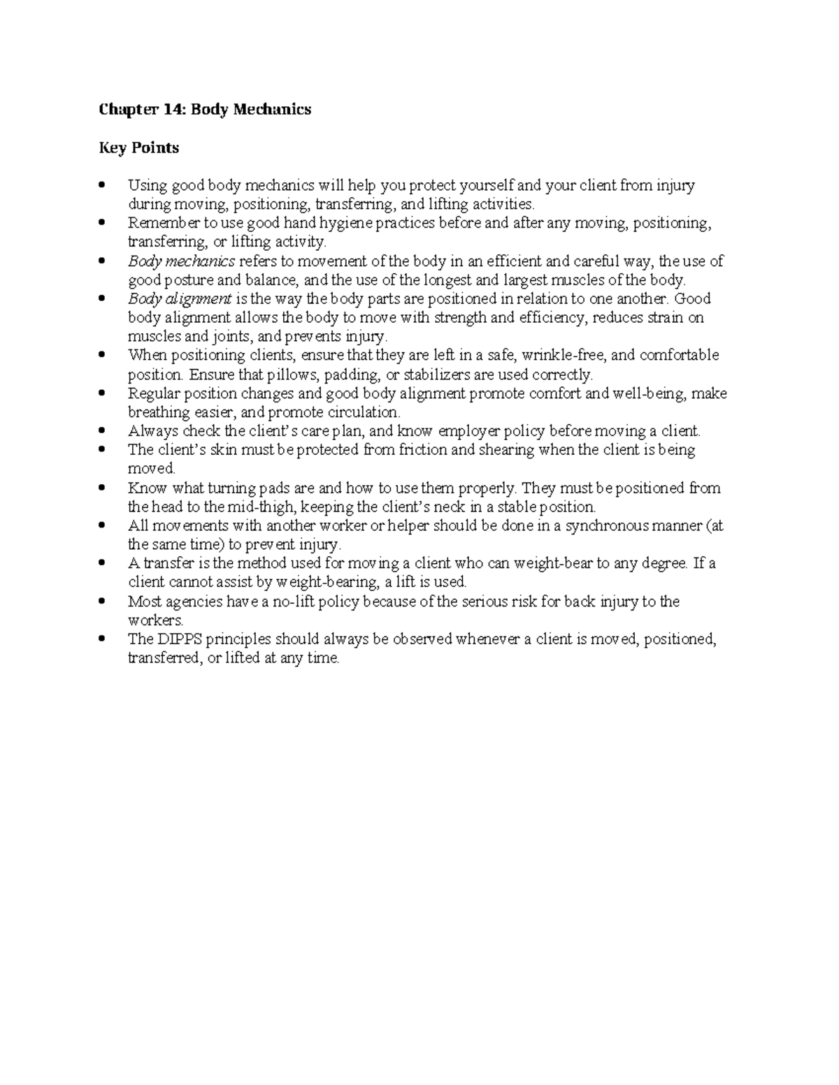 Chapter 14: Body Mechanics Key Points (PSW Notes 1) - Studocu