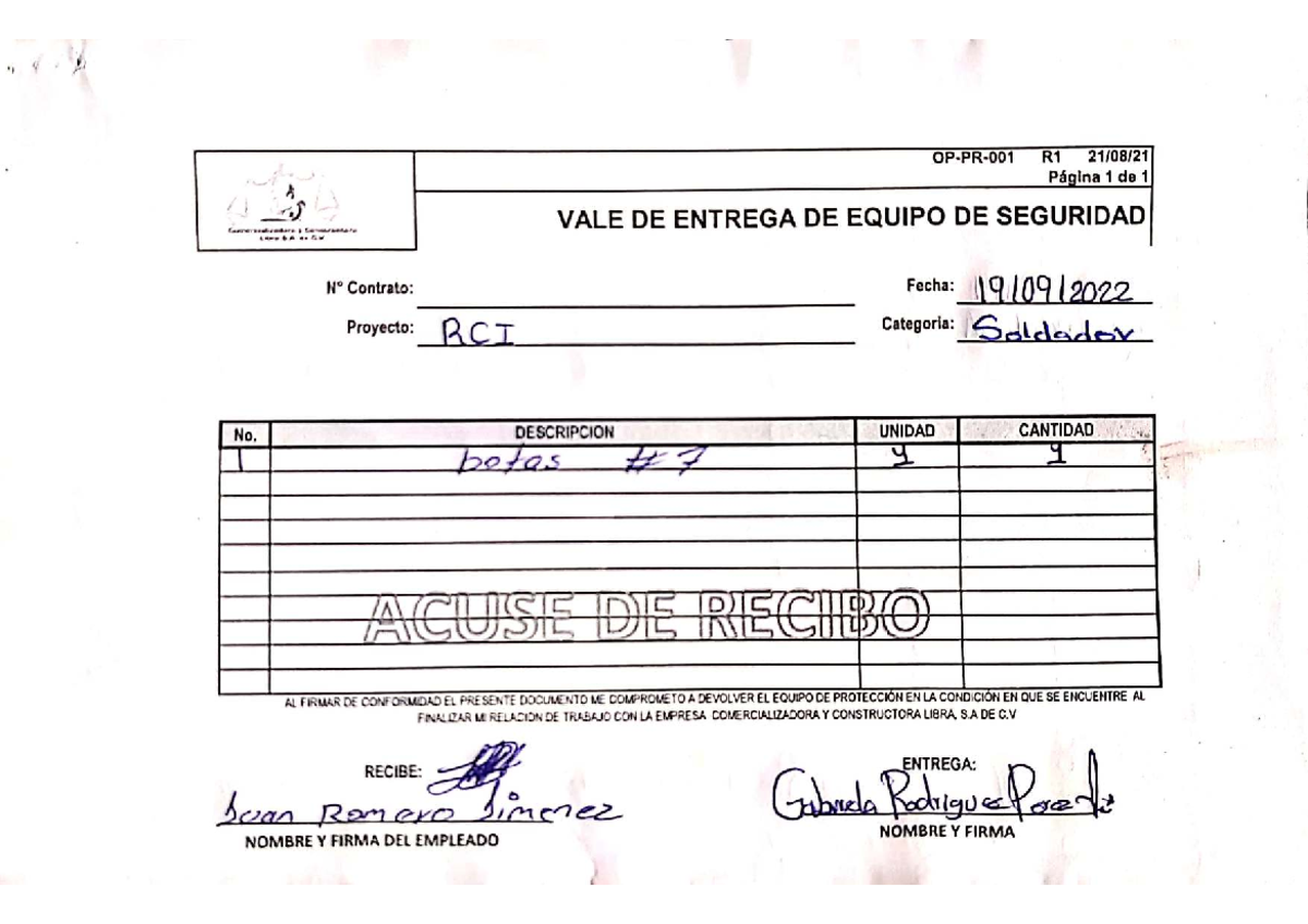 Vale de Entrega de Equipo de Seguridad RCI - Botas 19-09-22 - Studocu