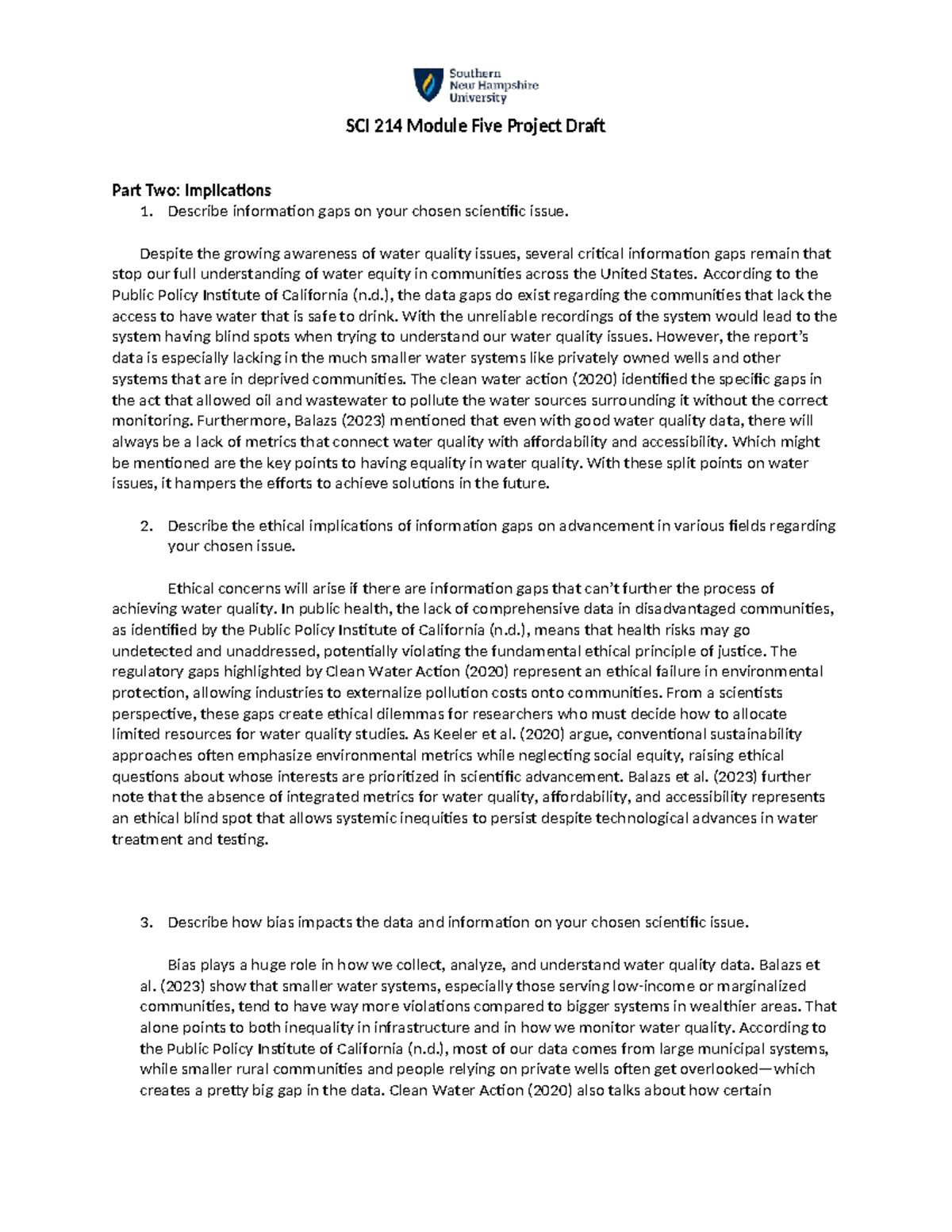 SCI 214 Module Five Project Draft: Addressing Water Quality Information ...