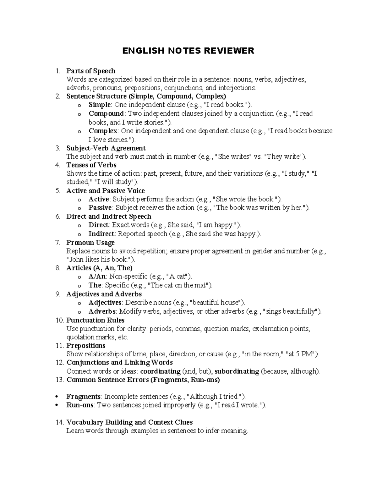 English Language Study Guide: Parts of Speech, Structures & Writing ...