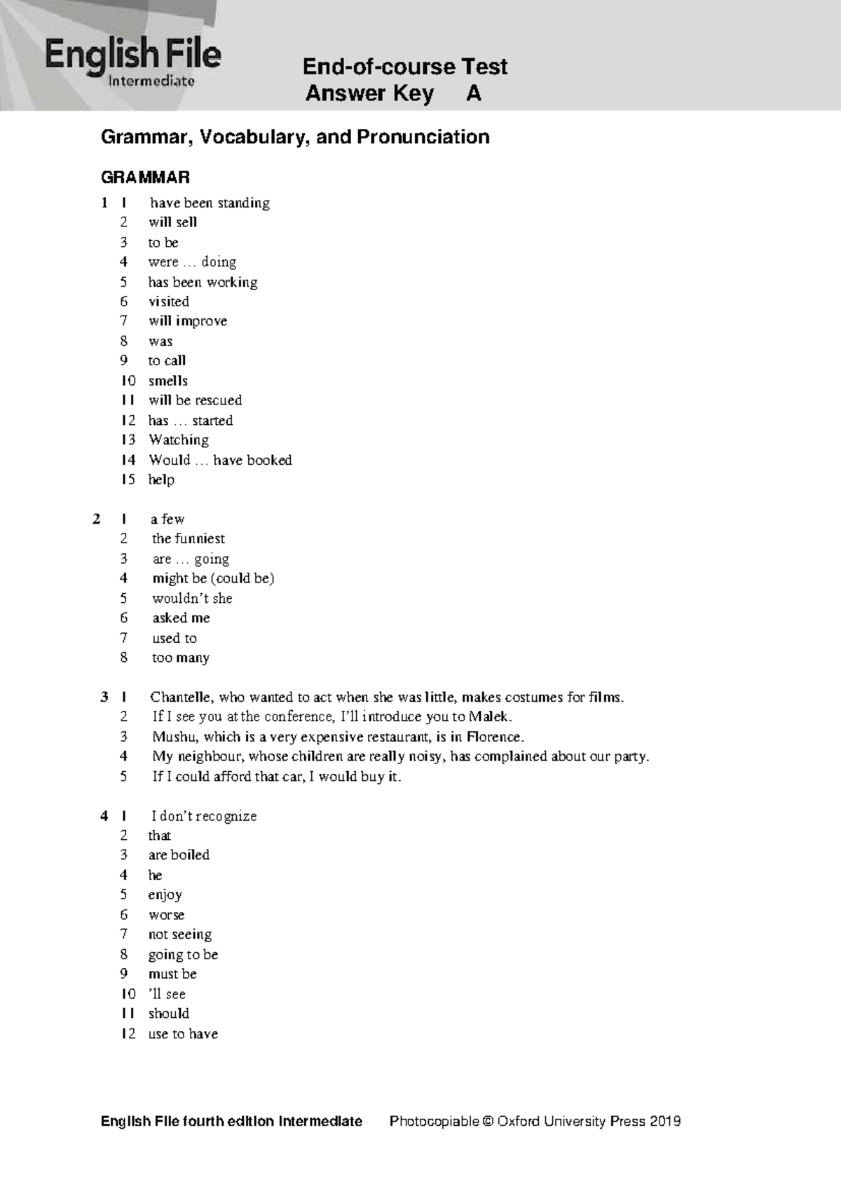 Intermediate Grammar, Vocabulary & Pronunciation Test Answer Key - Studocu