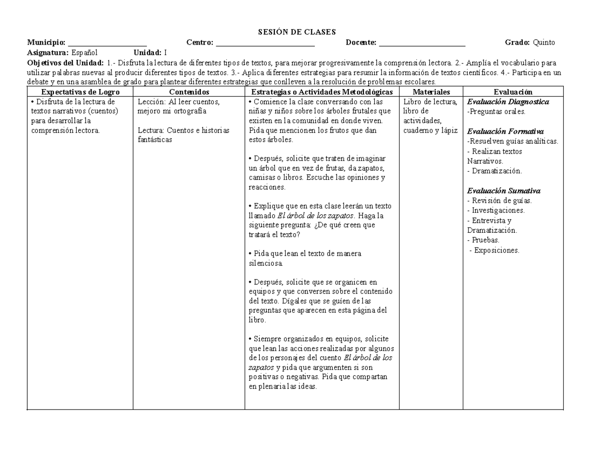 Planes de Clase Quinto Español Unidad I: Comprensión Lectora y Vocabulario - Studocu