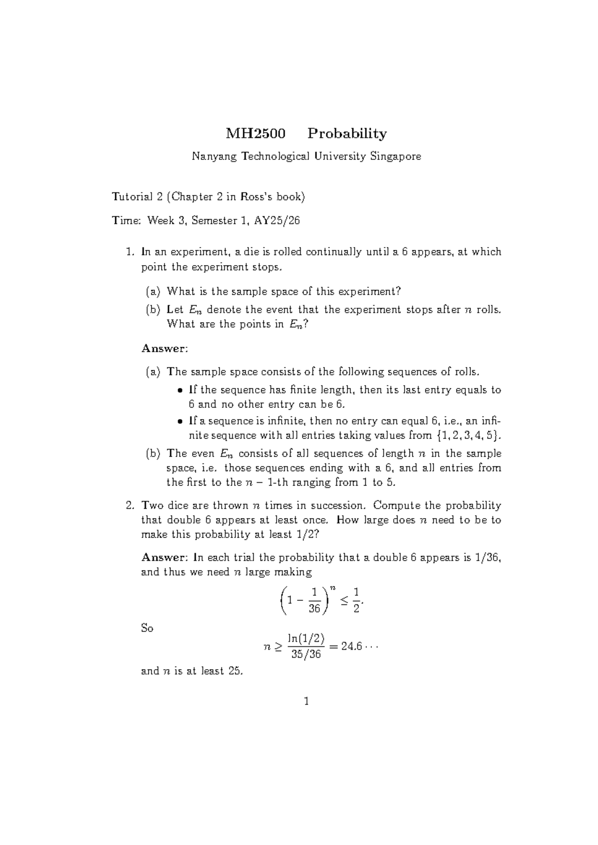 MH2500 Probability Tutorial 2 Hints - Nanyang Technological University ...