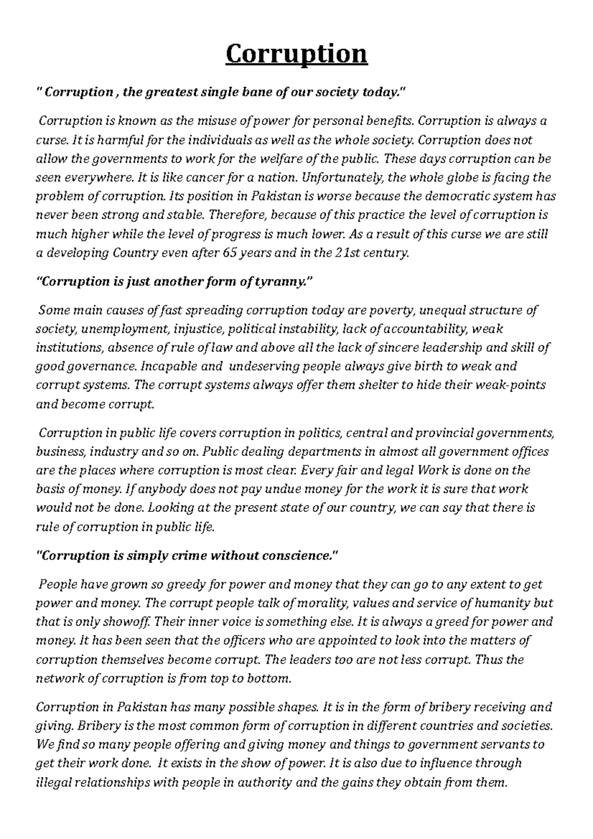Corruption - " Corruption is known as the misuse of power for personal ...