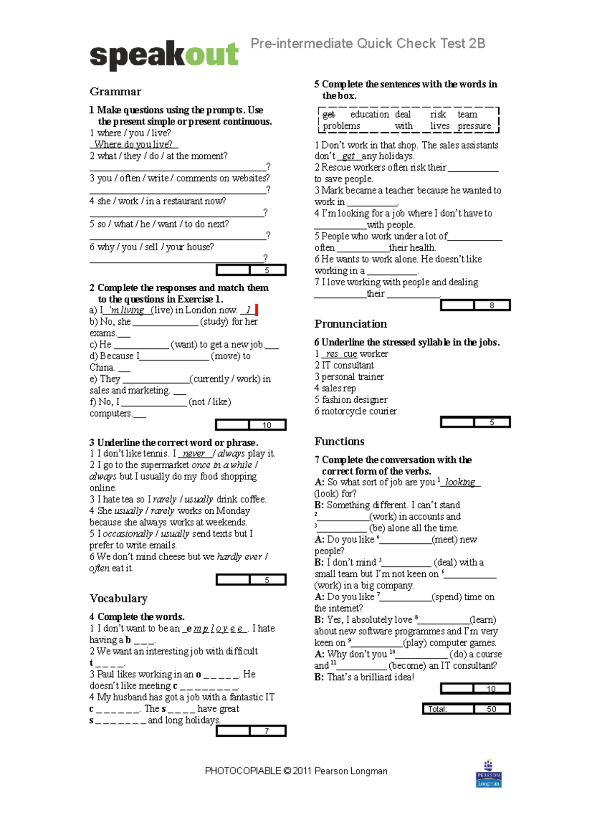 Speak Out PI U2 Test B: Grammar and Vocabulary Exercises - Studocu