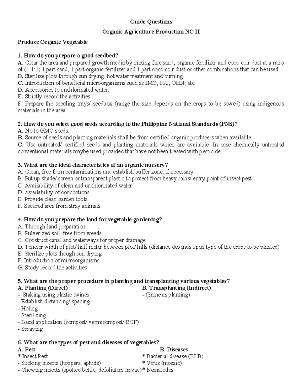 Guide Questions for Organic Agriculture Production NC II: Vegetable ...