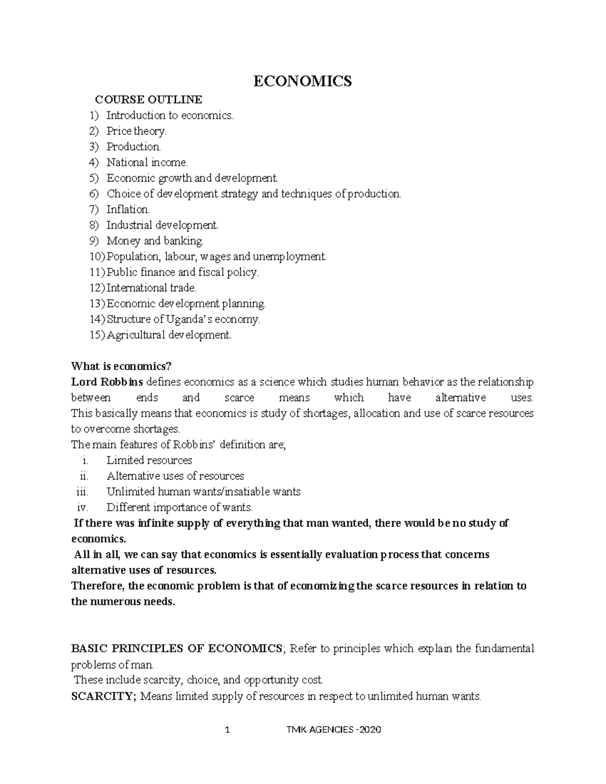 1 Introduction TO Economics - ECONOMICS COURSE OUTLINE Introduction to ...