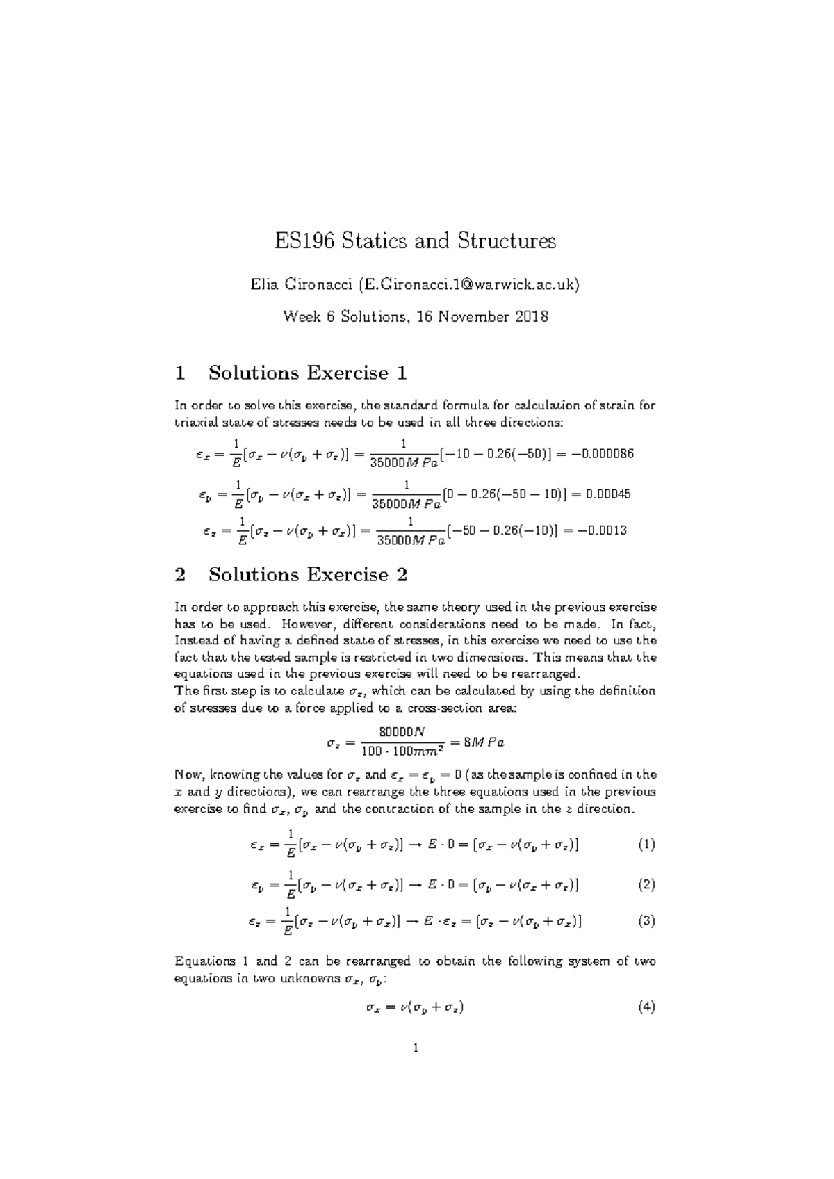ES196 Week 6 Solutions - Answers only - ES196 Statics and Structures Elia Gironacci Week 6 - Studocu