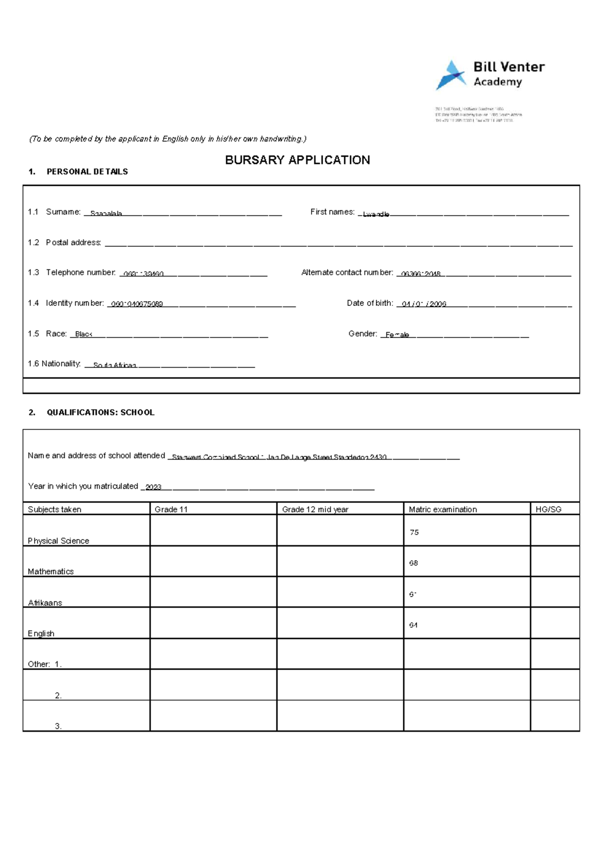 Altron Bursary Application Form - (To be completed by the applicant in ...