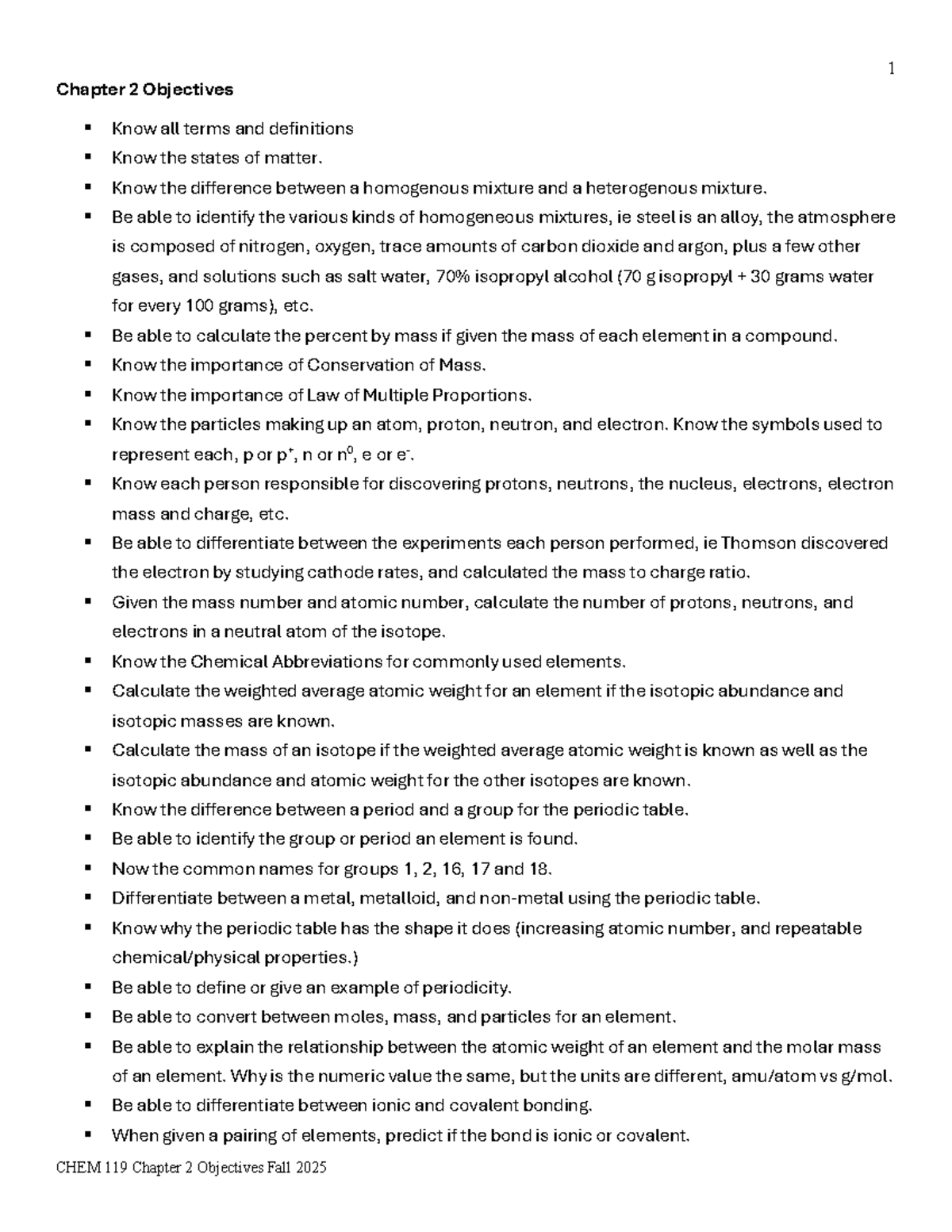 CHEM 119 Chapter 2 Objectives: Key Concepts & Definitions Fall 2025 - Studocu