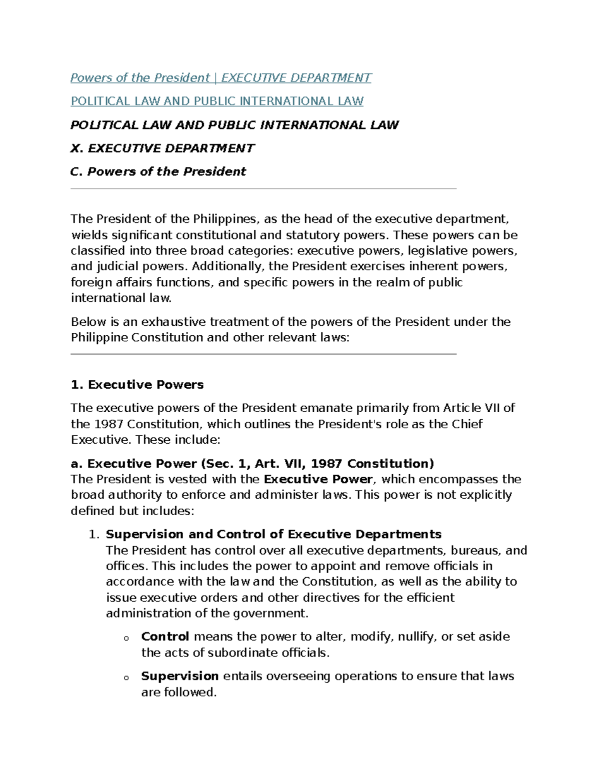 Powers of the President: A Comprehensive Overview (POLITICAL LAW) - Studocu