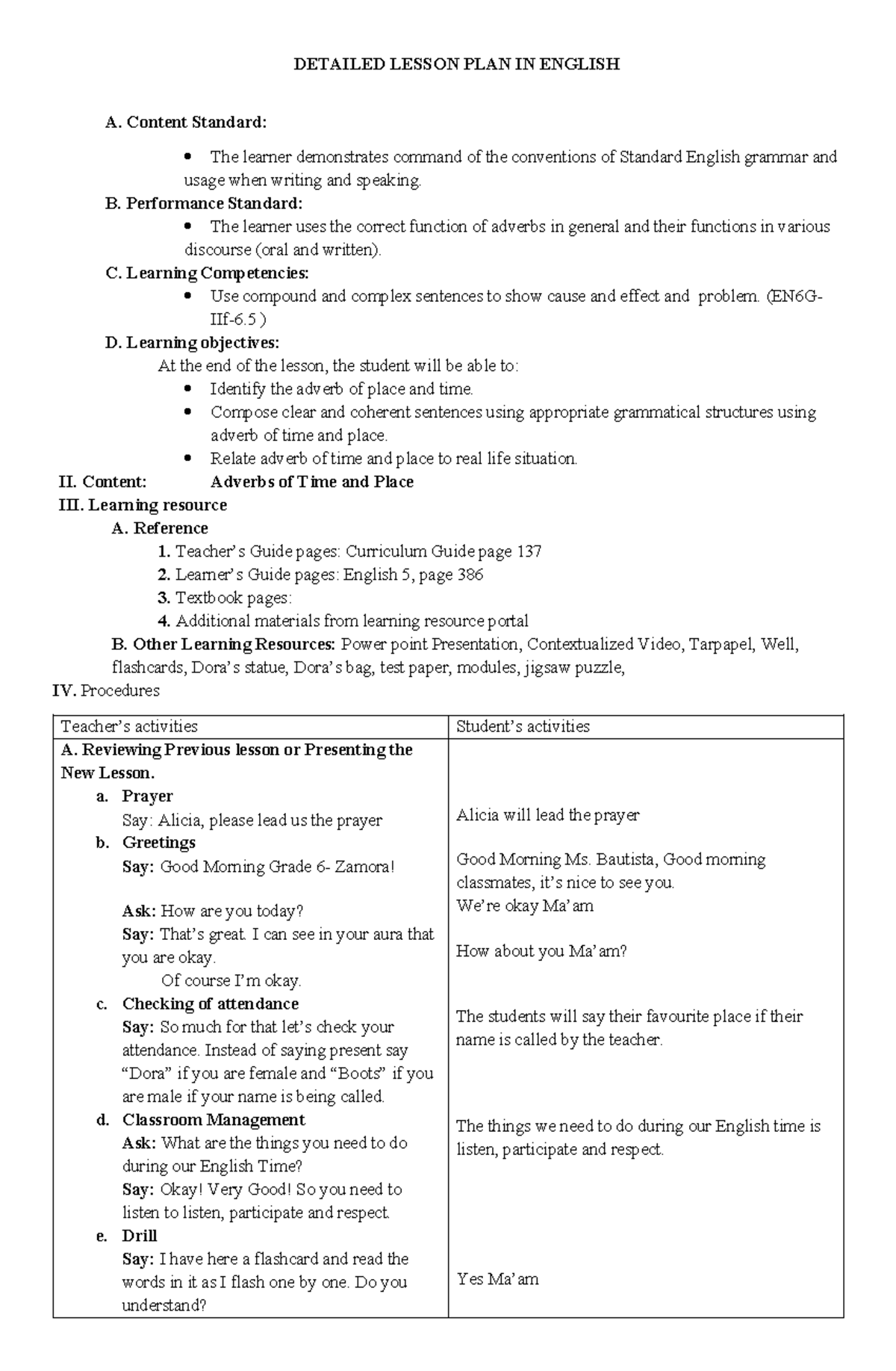Detailed Lesson Plan for English 6: Adverbs of Time & Place - Studocu