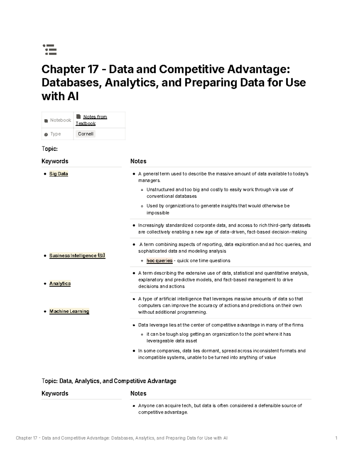 Chapter 17: Data & Competitive Advantage - Databases, Analytics, & AI ...