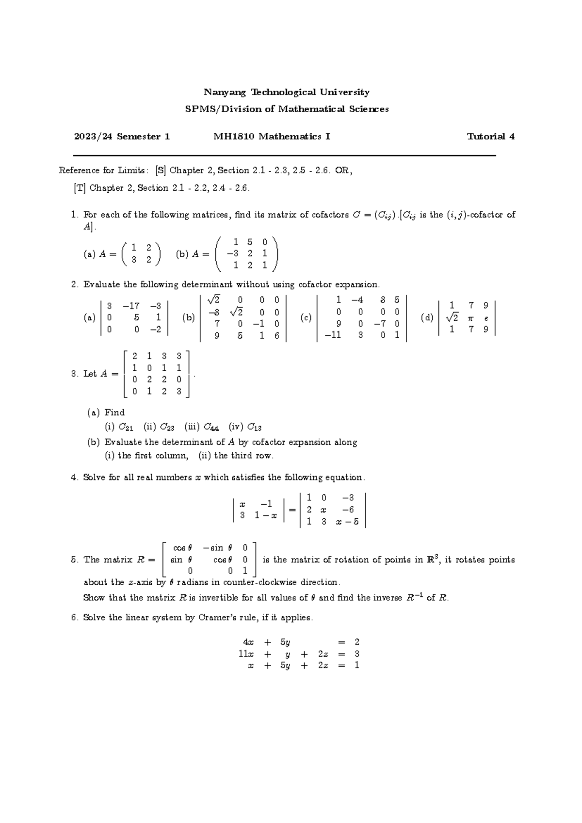 MH1810 Tut 4 2023 Det Limits - Nanyang Technological University SPMS ...