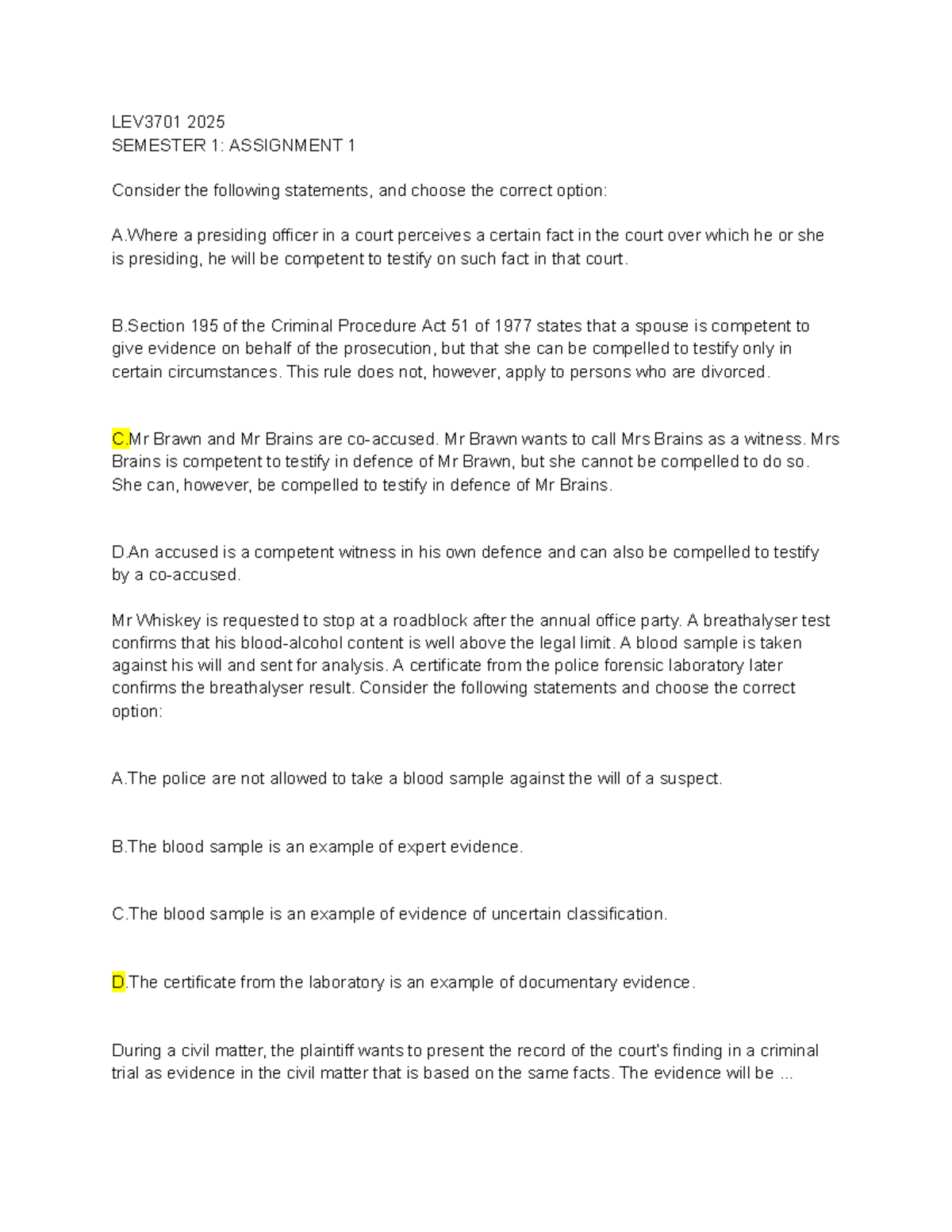 LEV3701 Semester 1 - Assignment 1 Quiz & Answers Analysis - Studocu