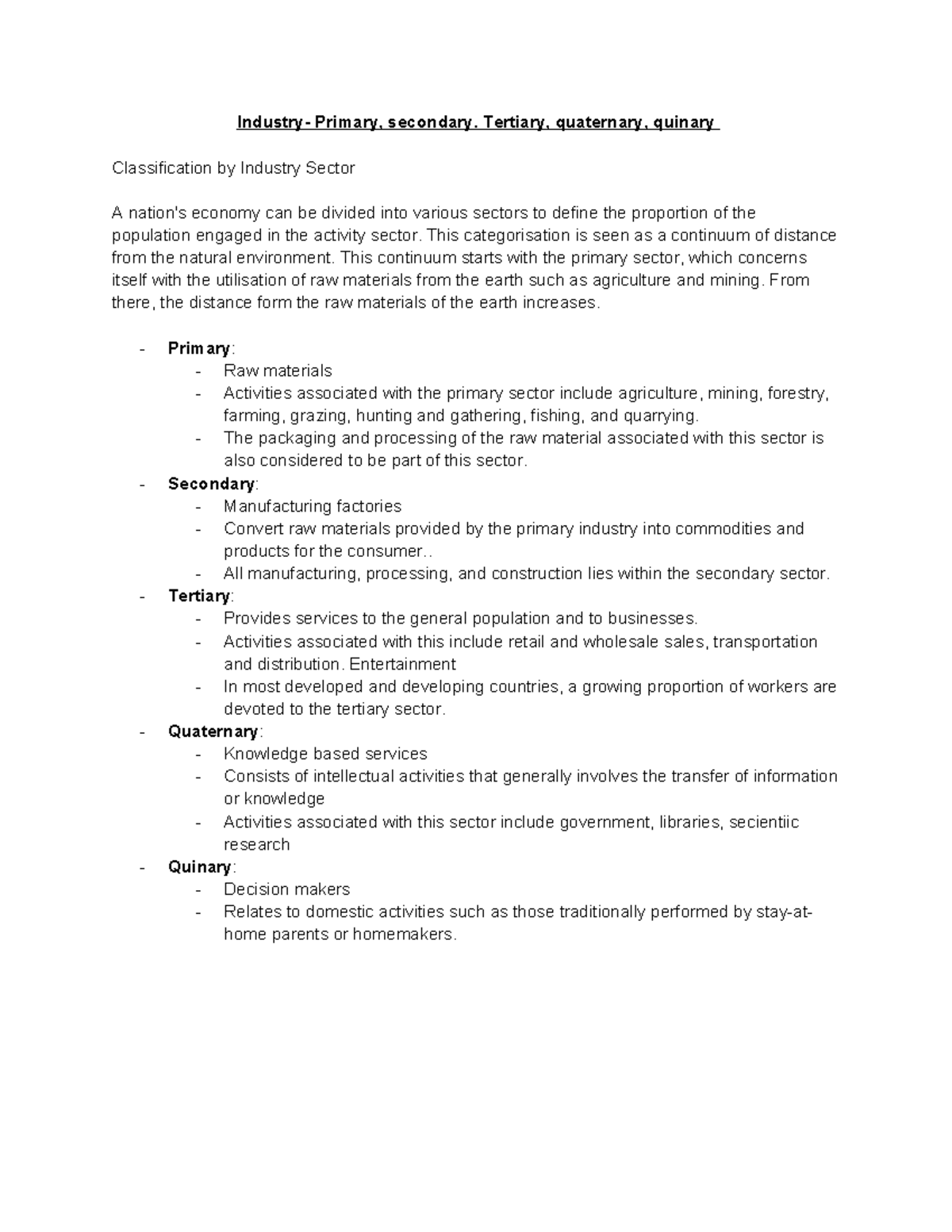 Industry Classification: Primary, Secondary, Tertiary, Quaternary ...