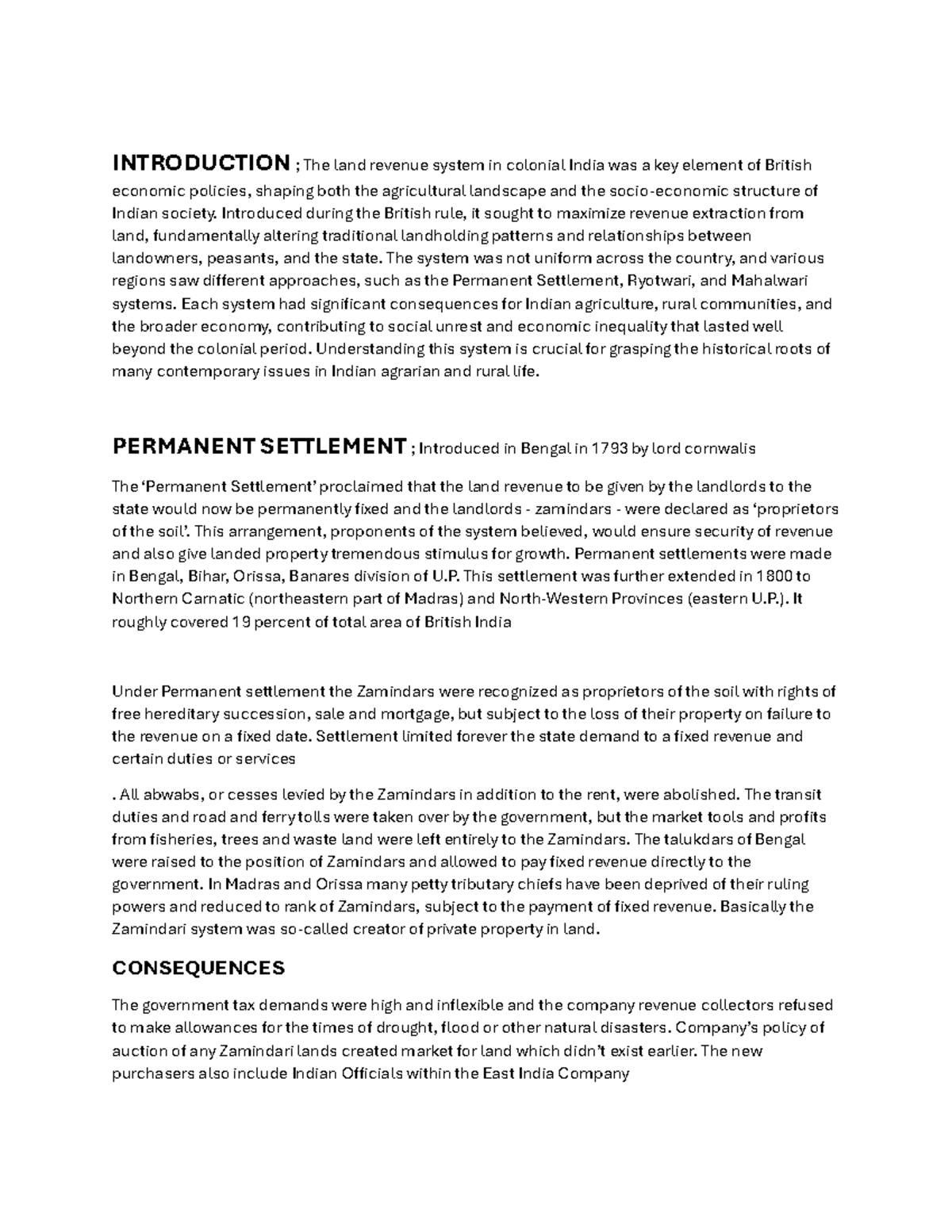 HOI 6 Prsentation - land revenue settlement - INTRODUCTION ; The land revenue system in colonial ...
