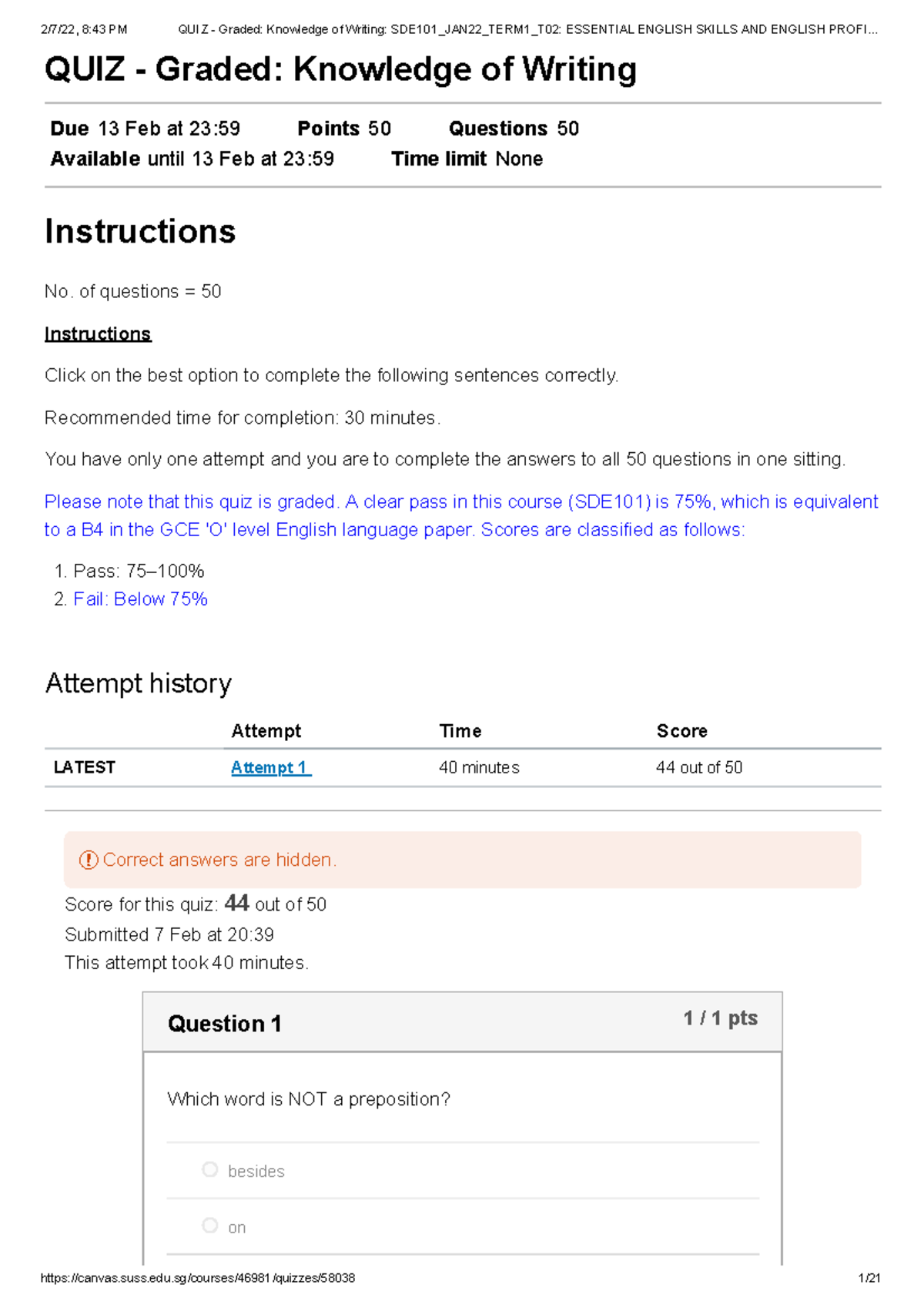 QUIZ - SDE101 JAN22 TERM1 T02 English Writing Proficiency Assessment ...