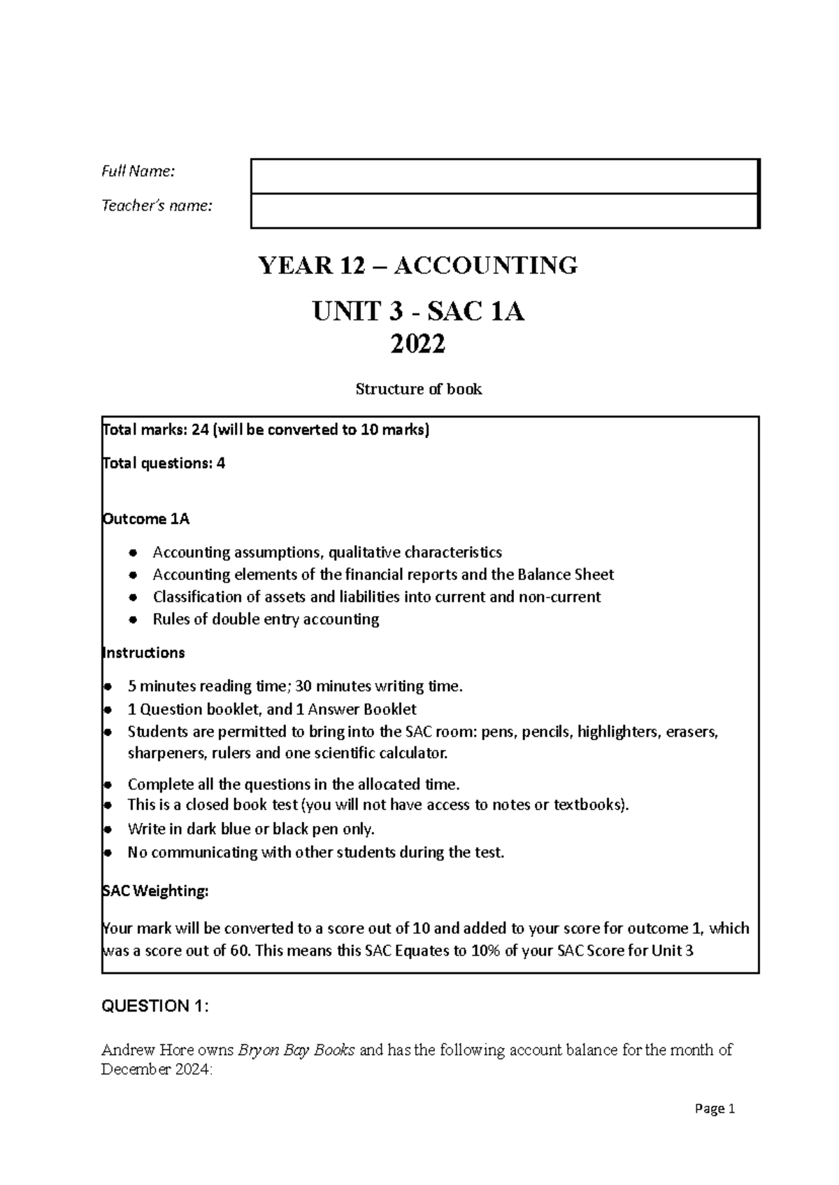 YEAR 12 ACCOUNTING UNIT 3 SAC 1A 2022 Question Booklet - Studocu