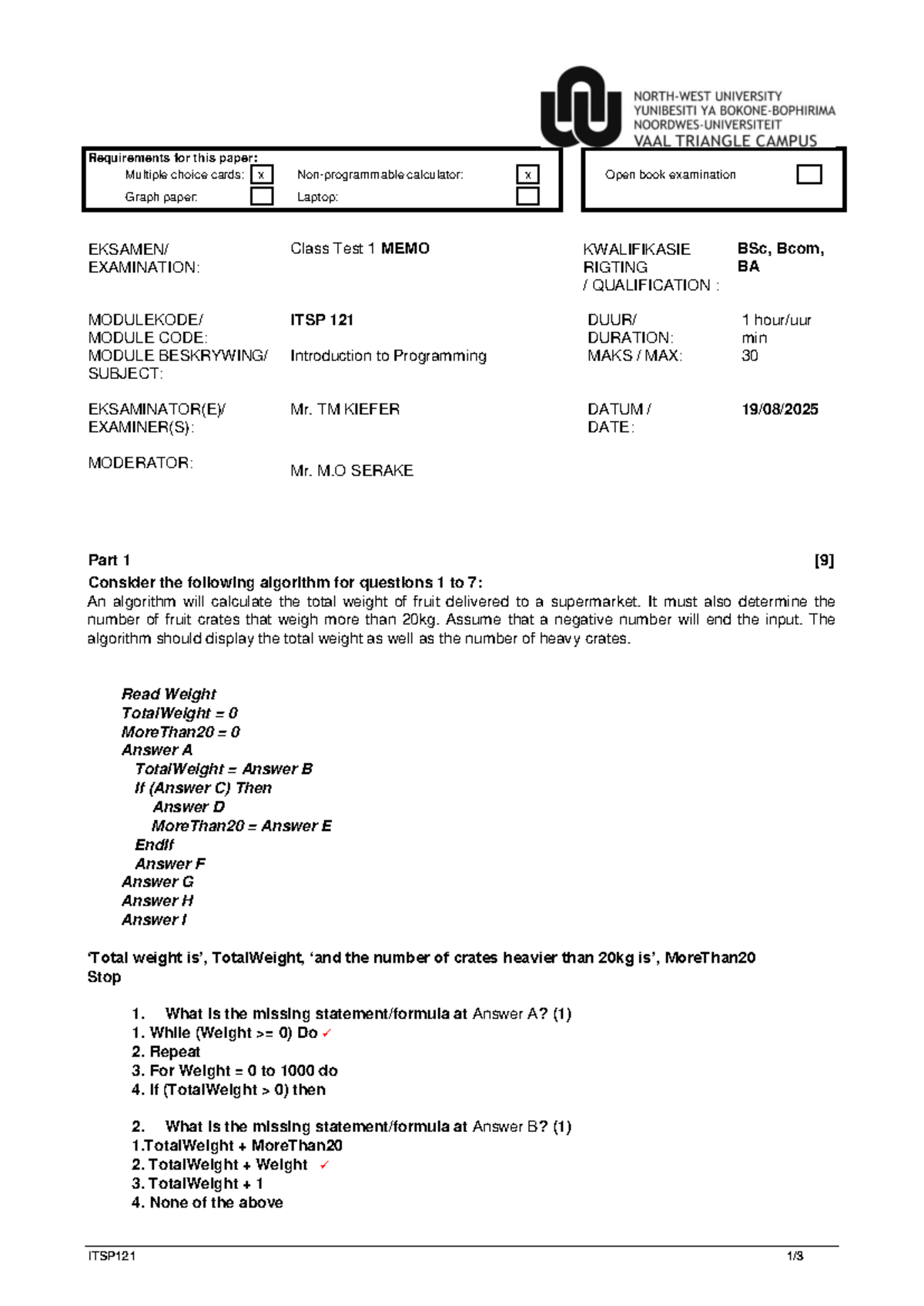Class Test 2 Memo 2025: ITSP 121 Introduction to Programming - Studocu