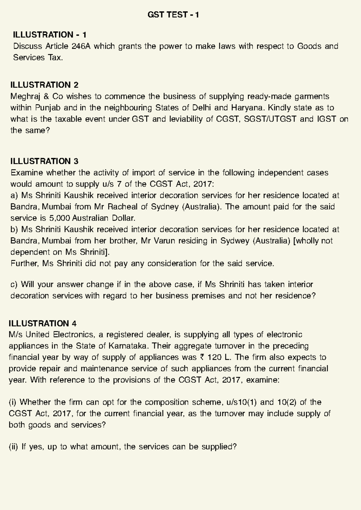 GST Test 1 (VG Sir) - Illustrative Case Studies on GST Concepts - Studocu