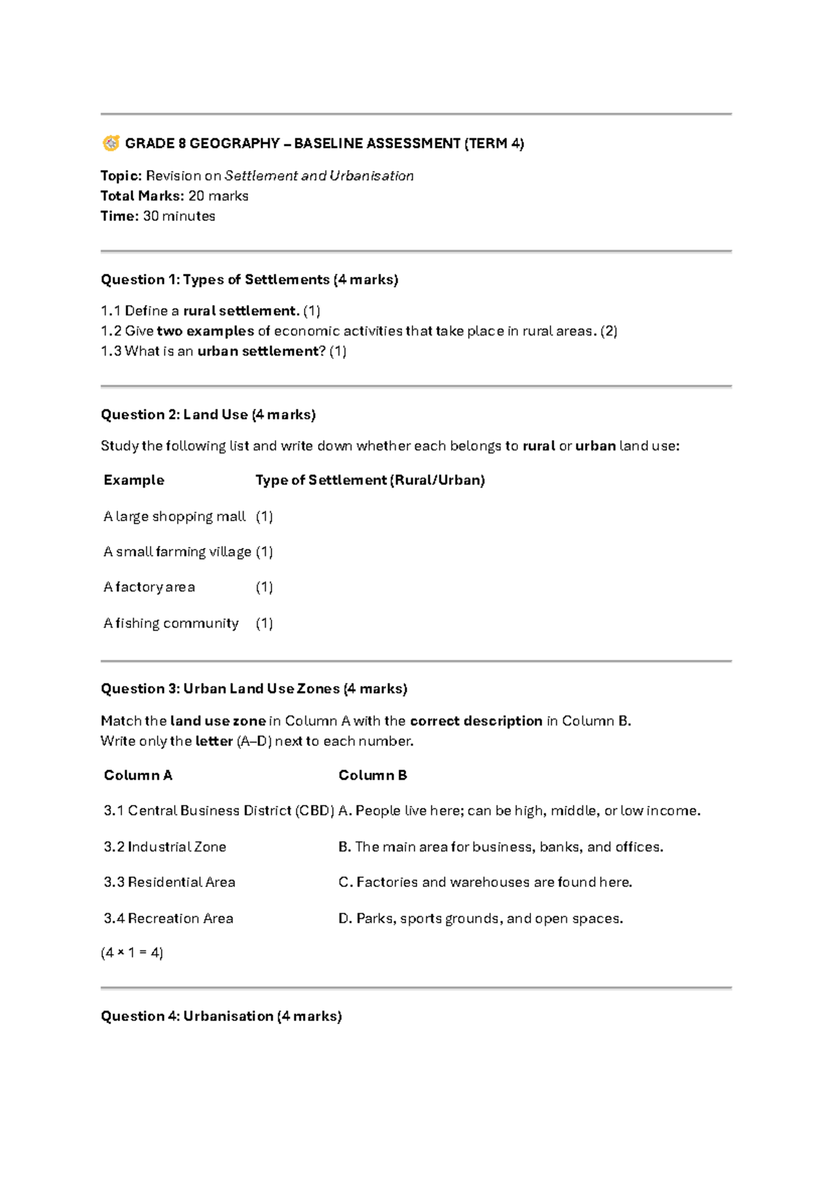 GRADE 8 GEOGRAPHY BASELINE ASSESSMENT (TERM 4): SETTLEMENT ...