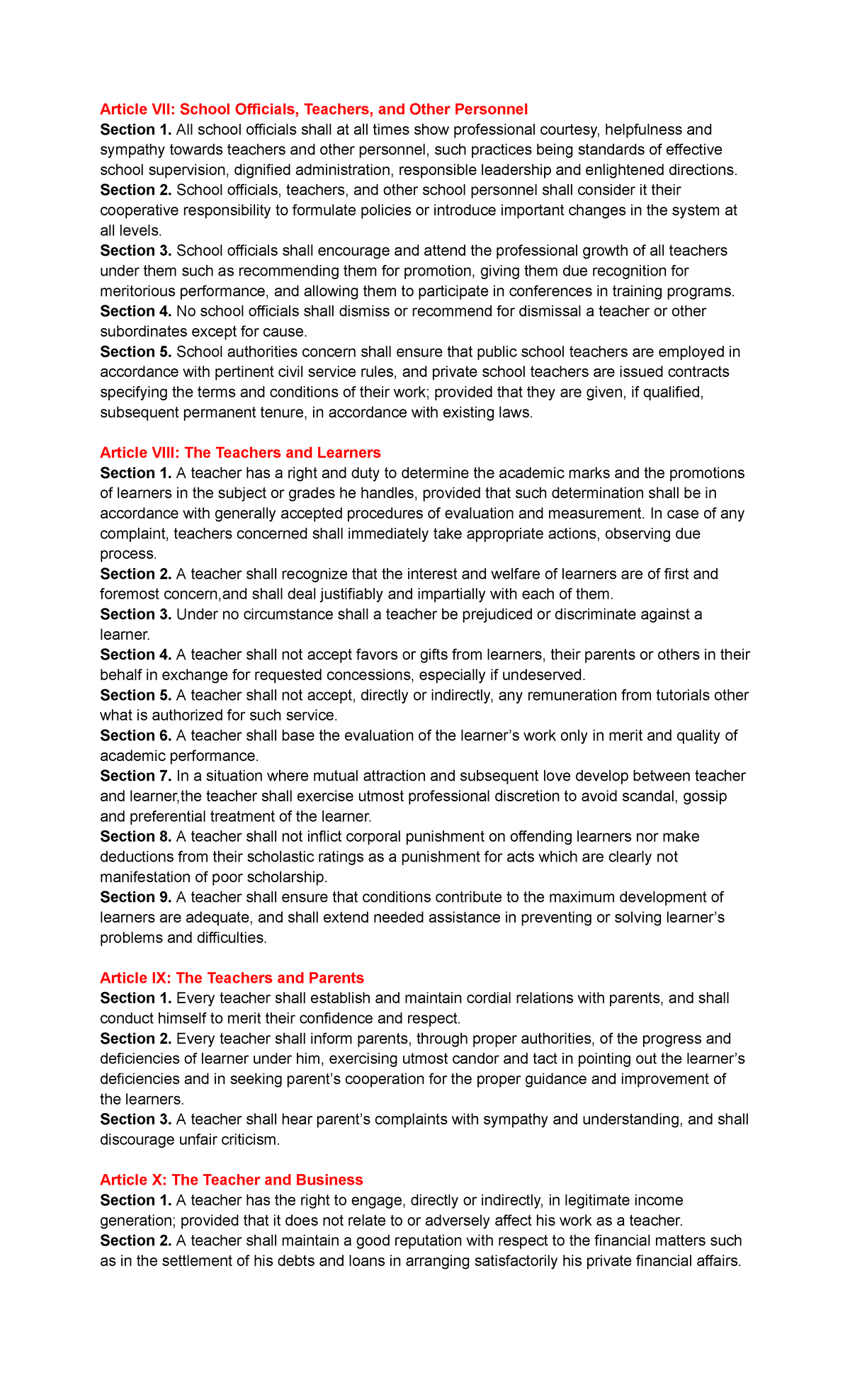 Code of Ethics for School Officials & Teachers (Article VII-XII) - Studocu