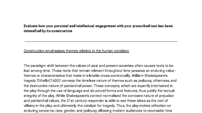 Othello Essay (ENG101): Exploring Jealousy, Prejudice, and Gender Roles ...