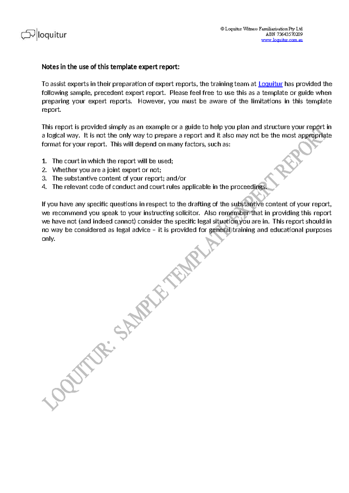 Template Sample Expert Report for Loquitur Witness Familiarisation ...