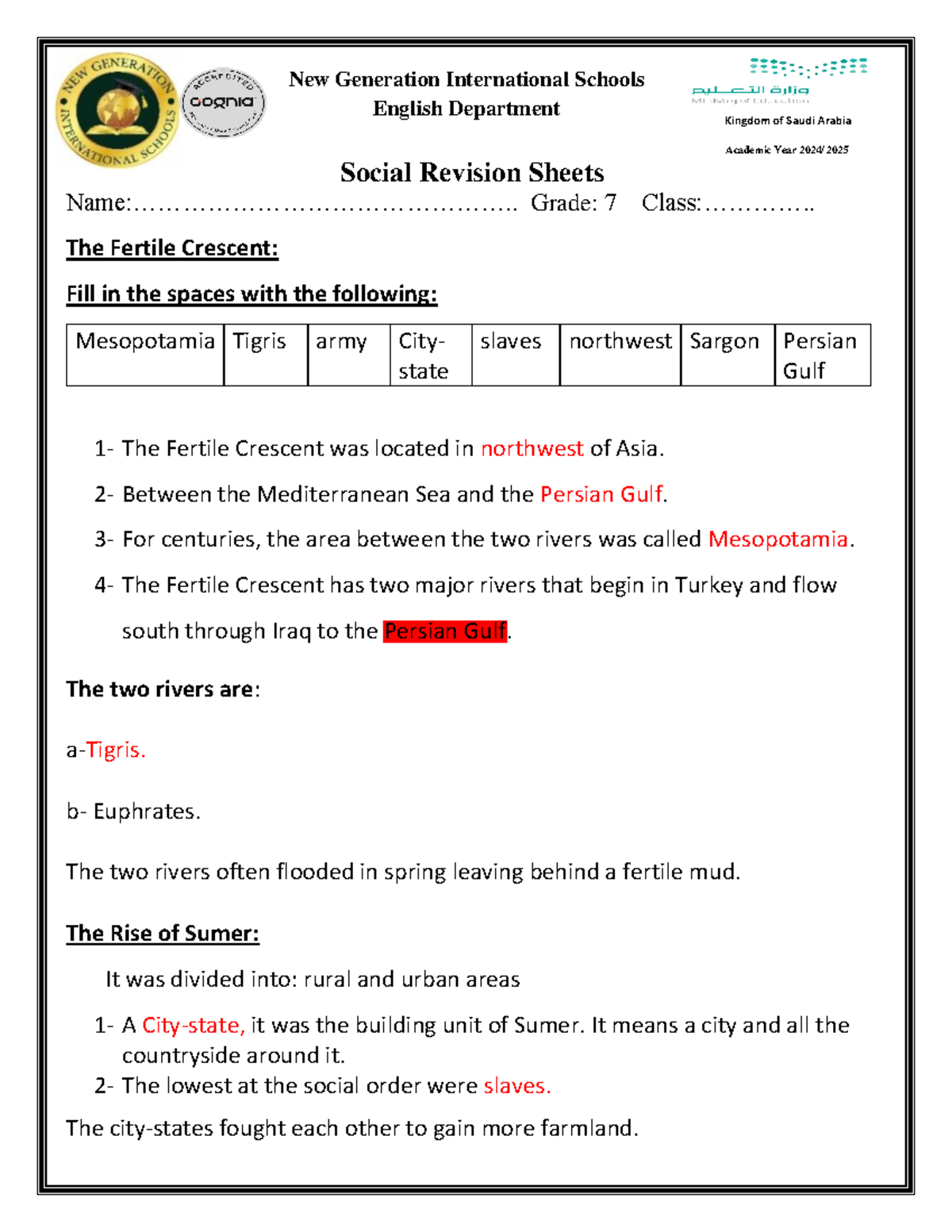 Grade 7 Social Quiz Rev. 2nd Term: The Fertile Crescent Insights - Studocu