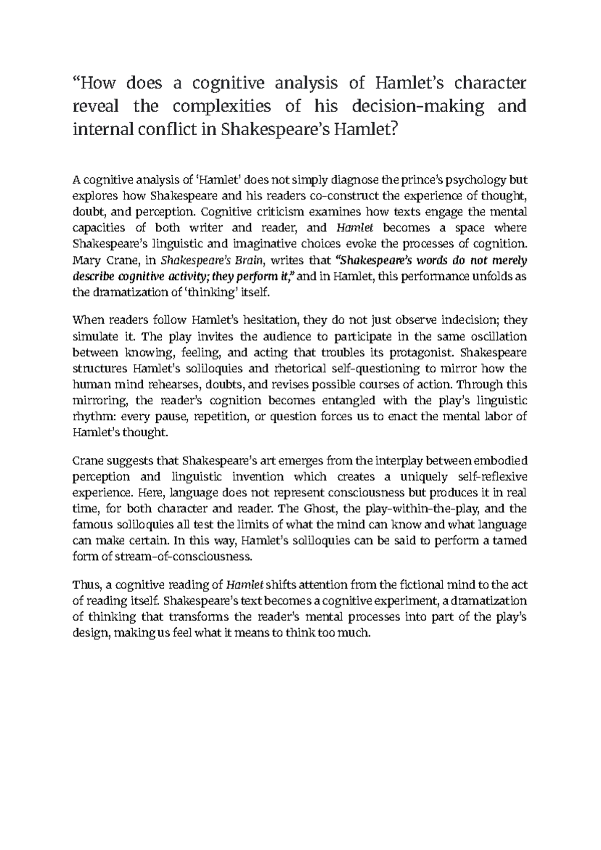 Assignment 1 - “How does a cognitive analysis of Hamlet’s character ...