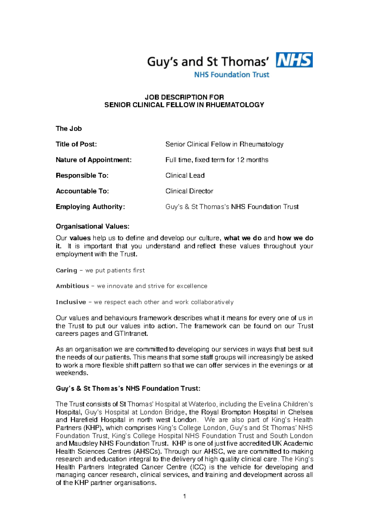 JOB DESCRIPTION: SENIOR CLINICAL FELLOW IN RHEUMATOLOGY (MED5000) - Studocu