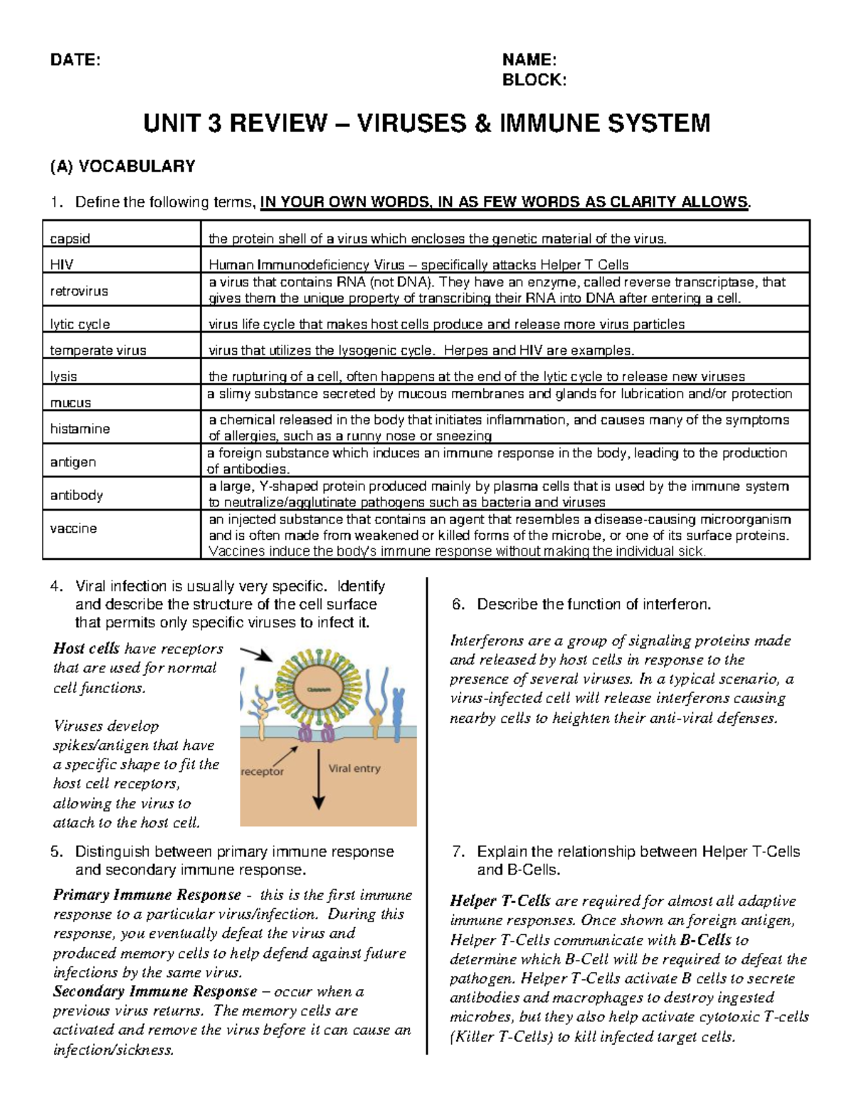 Unit 3 Review: Viruses & Immune System (Spring 2013) - Answer Key - Studocu