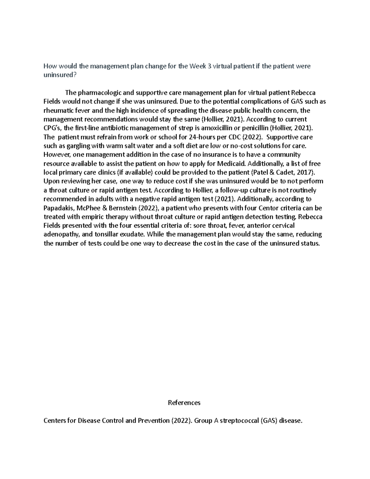 509 Reflection Week 3: Management Plan for Uninsured Patient - Studocu