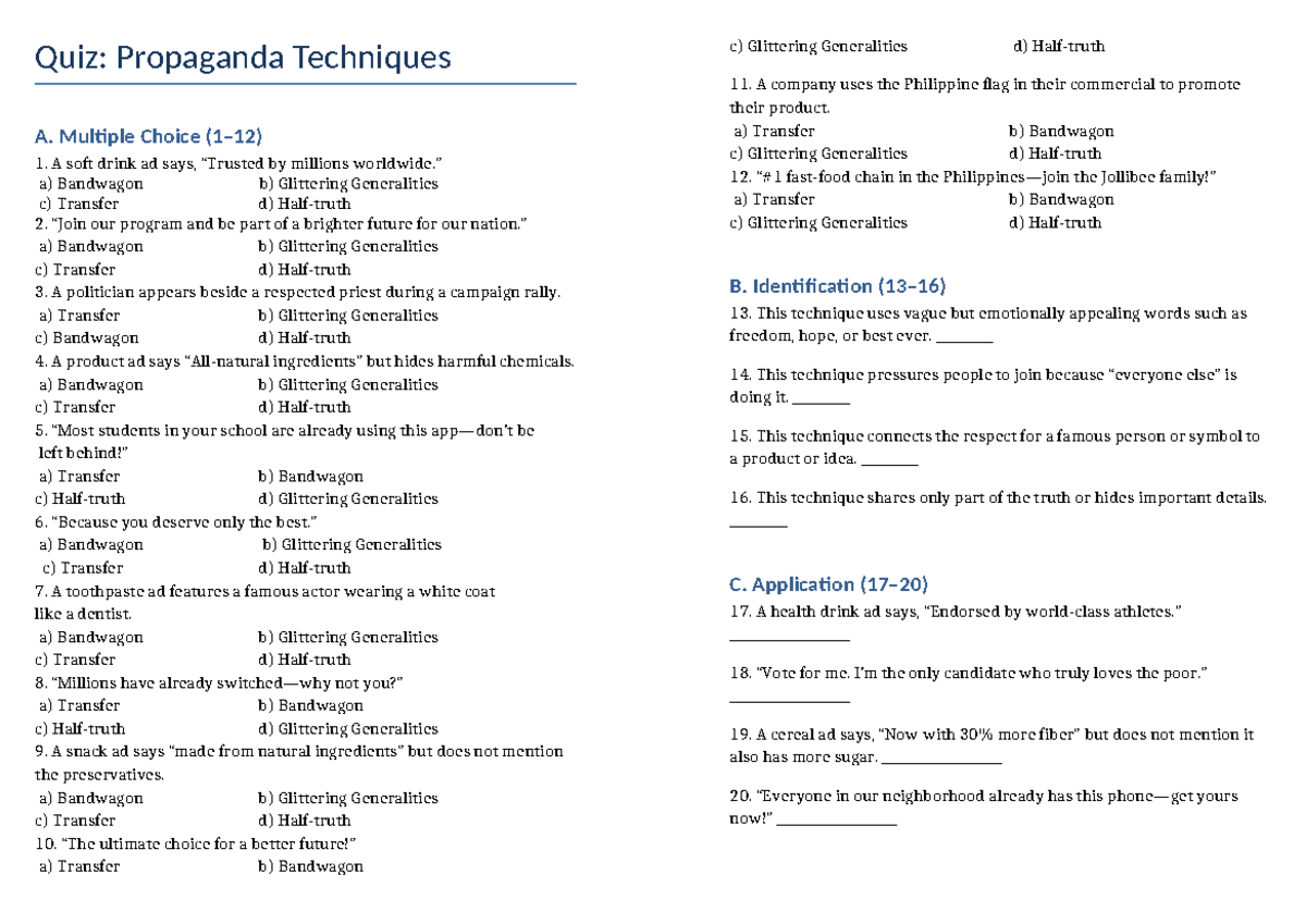 Quiz: Propaganda Techniques (Multiple Choice & ID) - Studocu