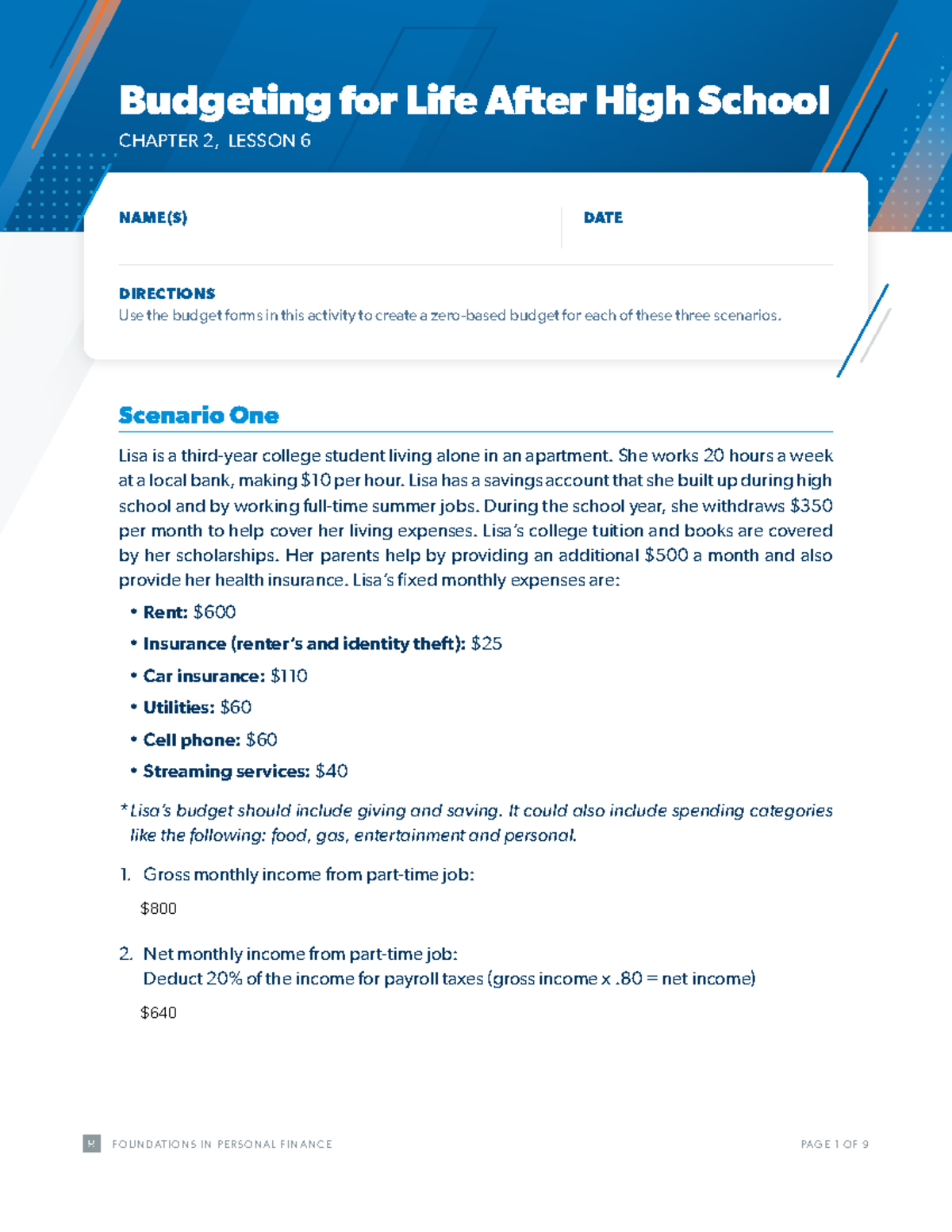 CH02 L06: Budgeting Scenarios for College and Early Career Students ...