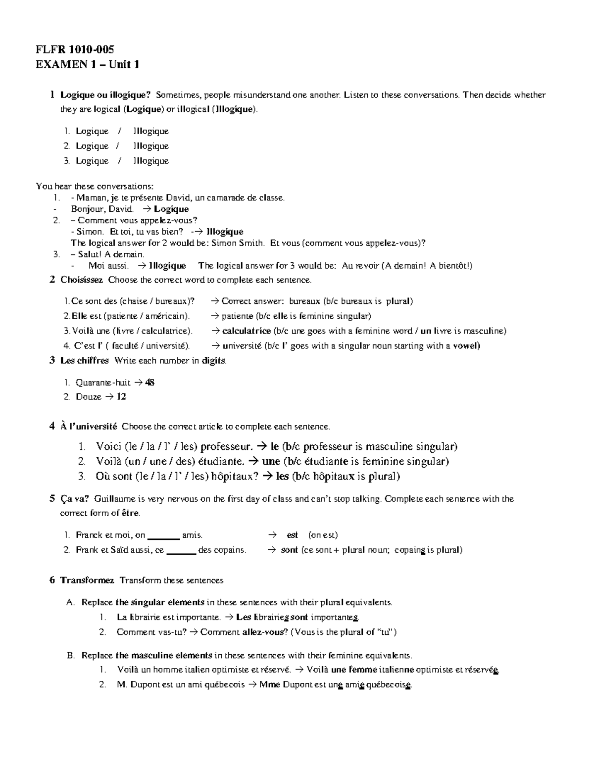 FLFR 1010-005: Unit 1 Sample Exam Format with Exercises - Studocu