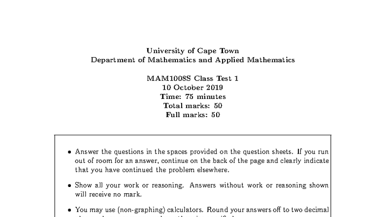 MAM1008S Class Test 2 Memo - October 2019 - Studocu