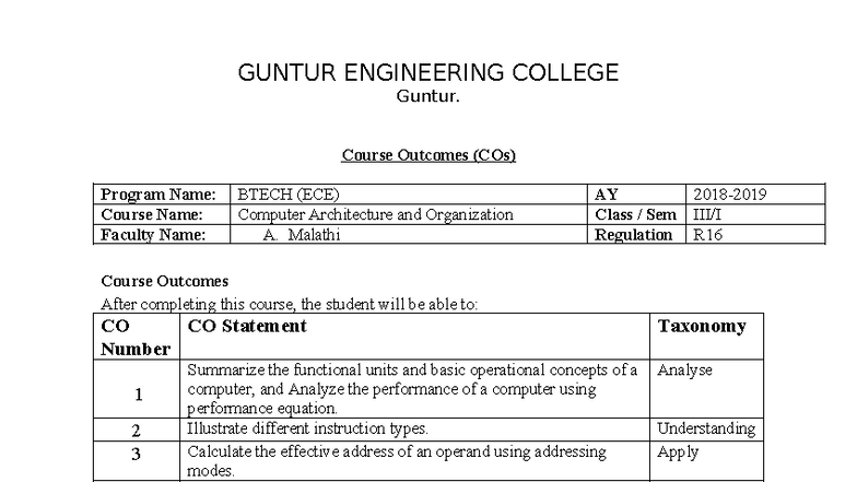 BTECH (ECE) Computer Architecture Course Outcomes (COs) - Studocu