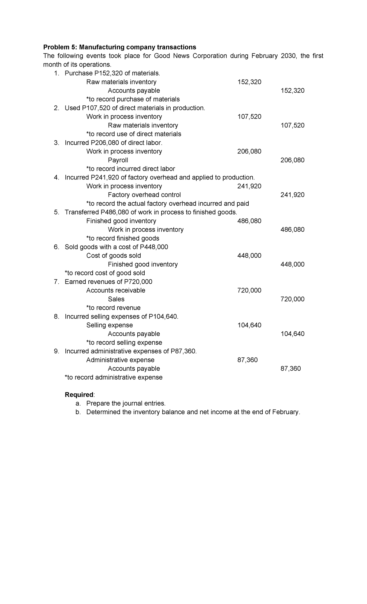 Cost Accounting Problem 5: Manufacturing Transactions Analysis - Studocu